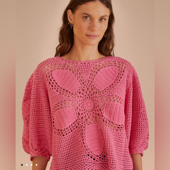 FARM Rio | Tops | Farm Rio Blush Flower Draw Crochet Blouse | Poshmark